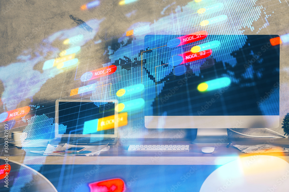 Technology theme drawing and work space with computer. Multi exposure ...