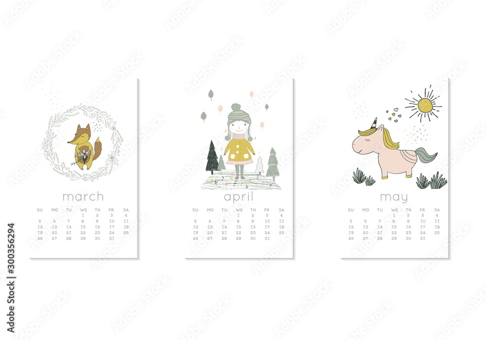Cute design for calendar 2020, spring months with girl and trees. Week ...
