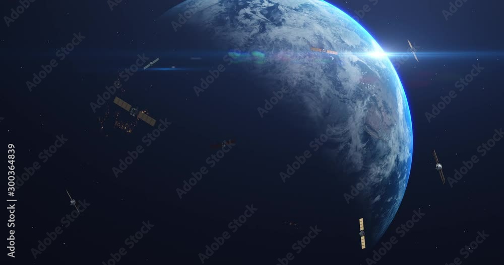 Fast Camera Zoom To The Planet Earth. Satellites Flying Around Orbiting ...