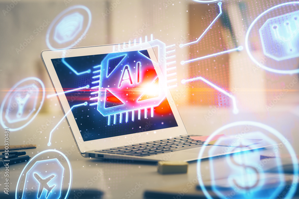 Technology theme drawing and work space with computer. Multi exposure ...