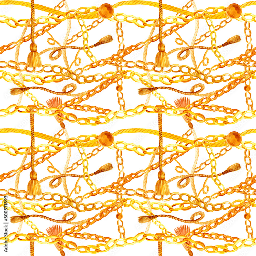 Seamless pattern on white isolated background. Gold chains and ropes ...