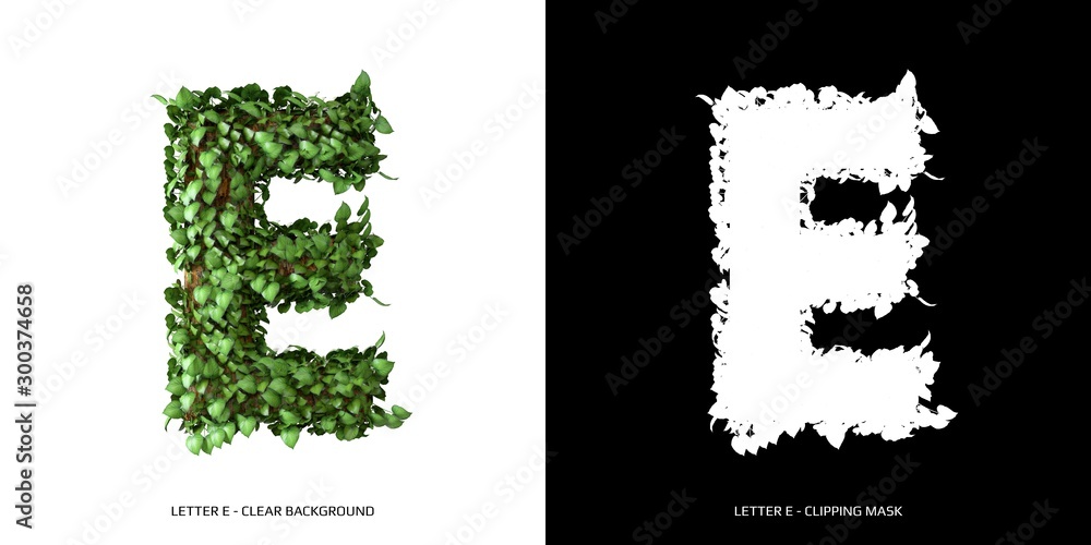 Letter E uppercase with tree shape with leaves. 3D Illustration. Stock ...