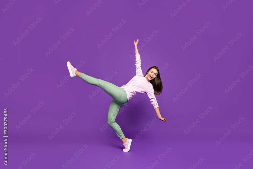 Full length body size side profile photo of cheerful fascinating pretty ...