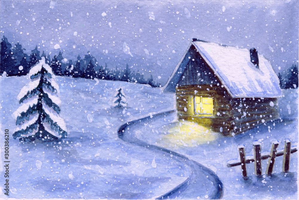 Watercolor winter snowy night landscape. cute night snowfall scene ...