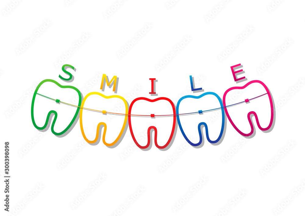 teeth symbols in smile shape with braces and smile word on them ...