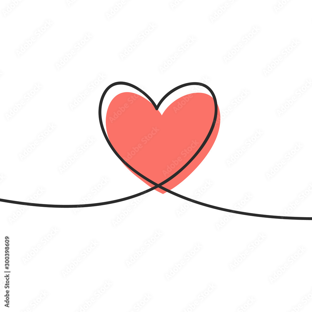 Heart in continuous drawing lines and glitch red heart in a flat style ...