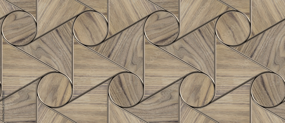 3D wallpaper of eco wood triangle tiles with bronze metal decor ...
