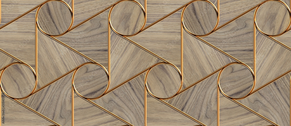 3D wallpaper of eco wood triangle tiles with golden decor elements ...
