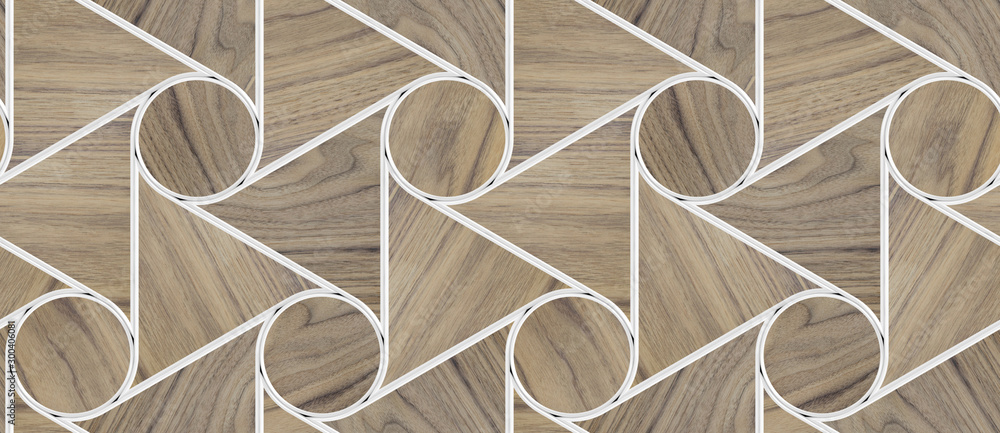 3D wallpaper of eco wood triangle tiles with white decor elements. High ...