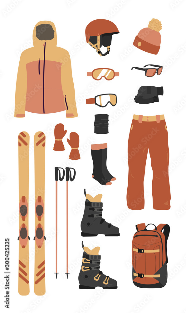 Ski equipment kit clothes vector illustration on transparent background ...