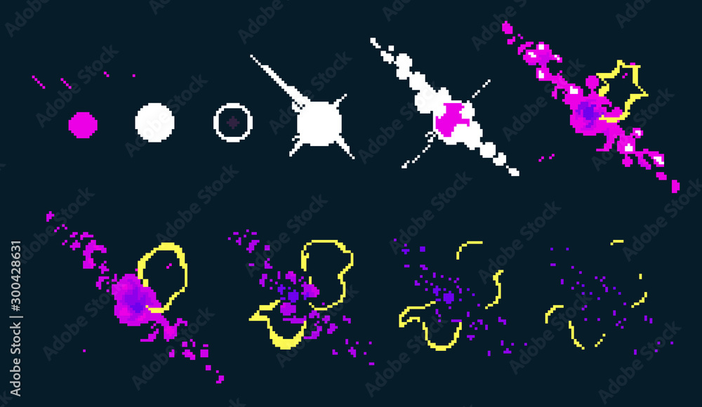Pixel art explosion. Game icons set. Comic boom flame effects for ...
