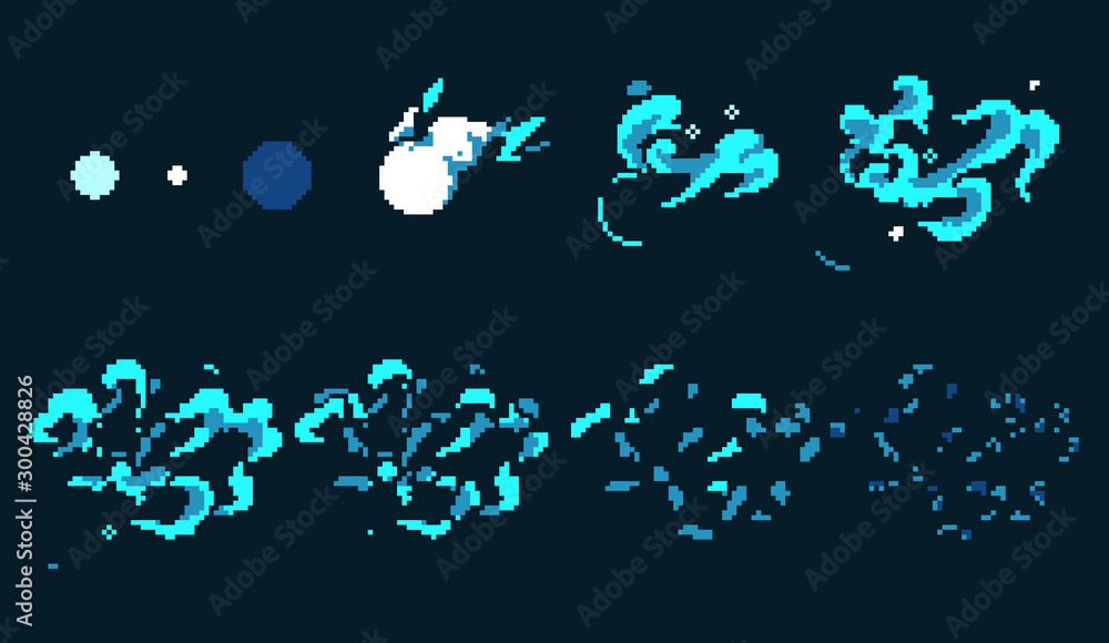 Pixel art explosion. Game icons set. Comic boom flame effects for ...