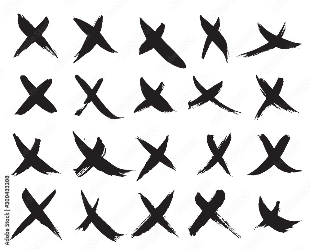 X Marks Icons. Collection of 20 Black Hand Painted X Signs Isolated On ...