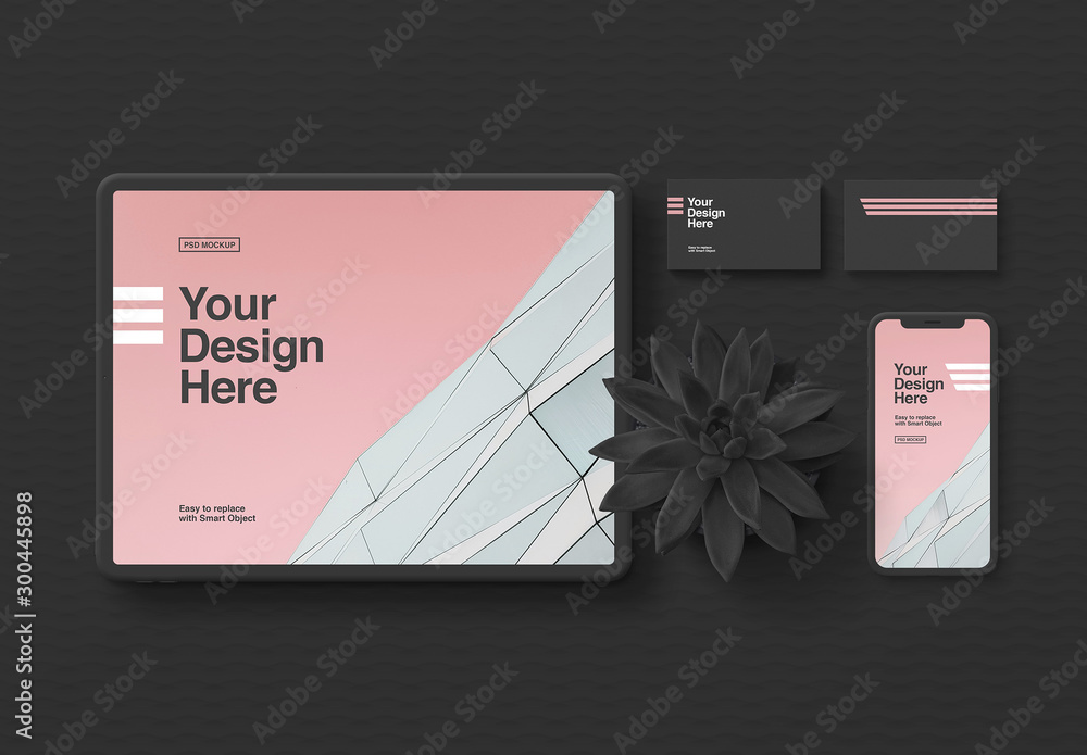 Stationery and Tablet Mockup in Minimalist Black Stock Template | Adobe ...