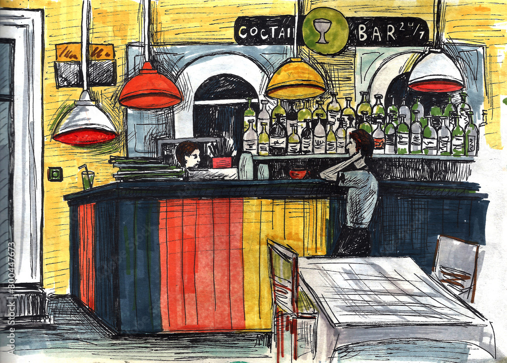 Beer bar interior cartoon hand drawn illustration. Empty modern pub ...