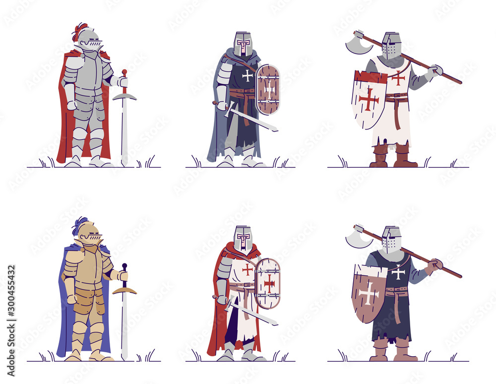 Medieval knights flat vector illustrations set. Armored warriors ...