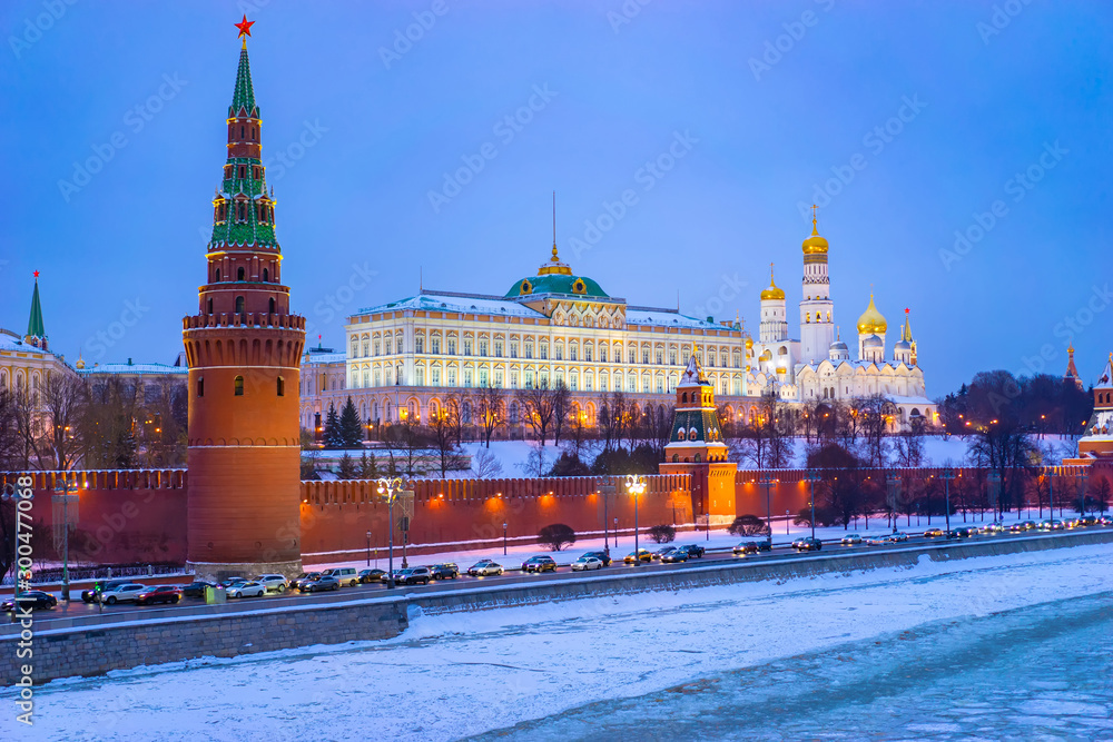 Moscow. Russia. Winter evening in Moscow. Kremlin. Grand Kremlin palace ...