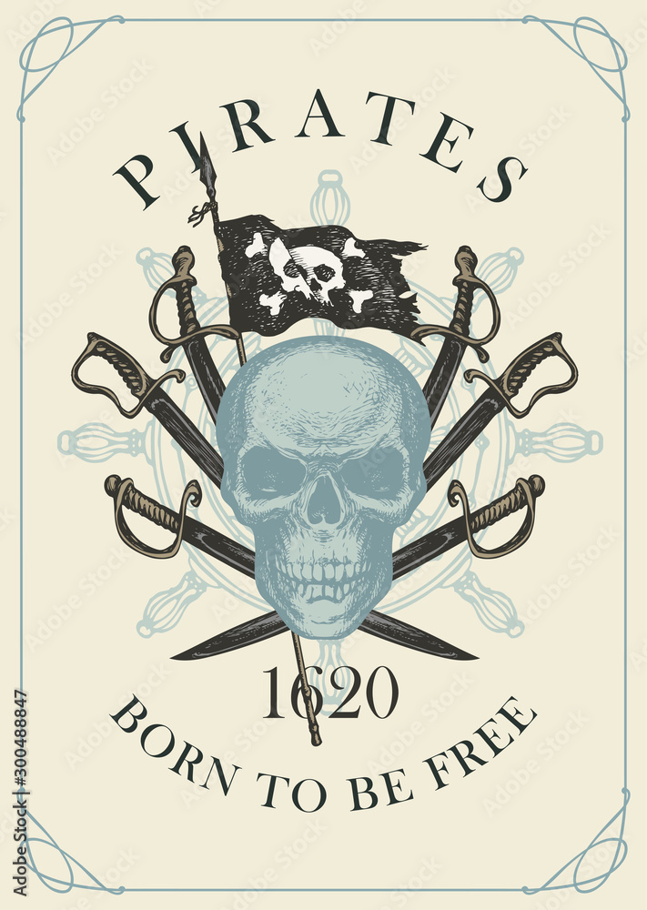 Vetor de Vector banner with skull, sabers, swords, pirate flag, ship ...
