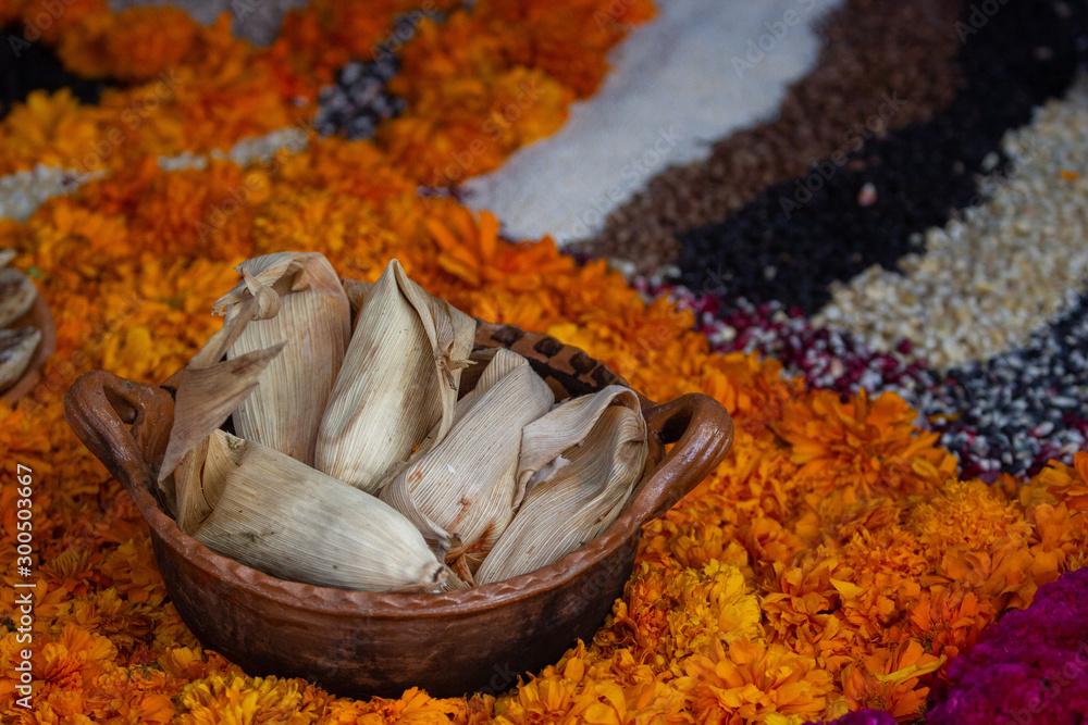 a real rural traditional mexican altar for day of the dead, marigold ...