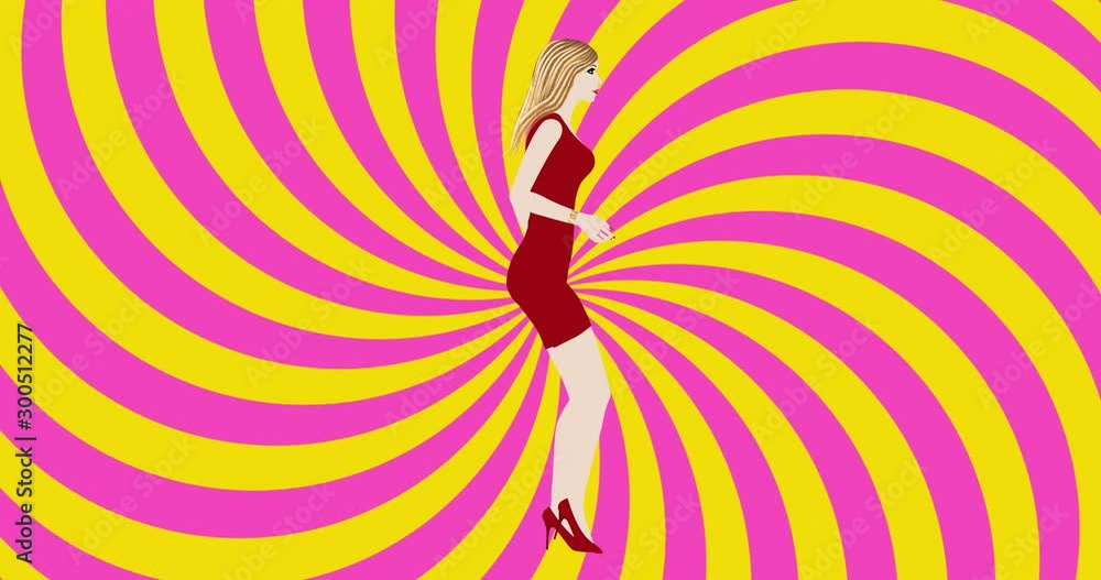 Female in a red dress dance cycle cartoon animation on psychedelic ...