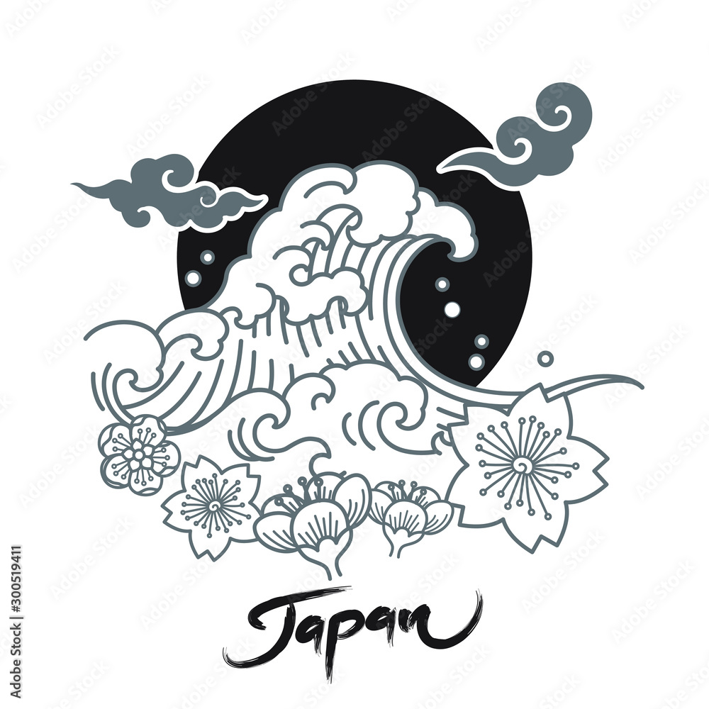 Japan symbolic logo with great wave and sakura flowers and oriental ...
