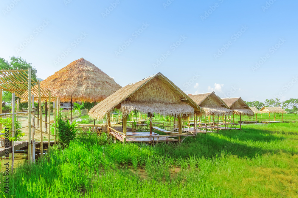 The resting huts constructed from bamboo and thatched roofs for ...