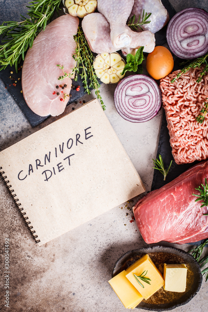 Carnivore diet concept. Raw meat of chicken, beef, butter, cheese, eggs ...