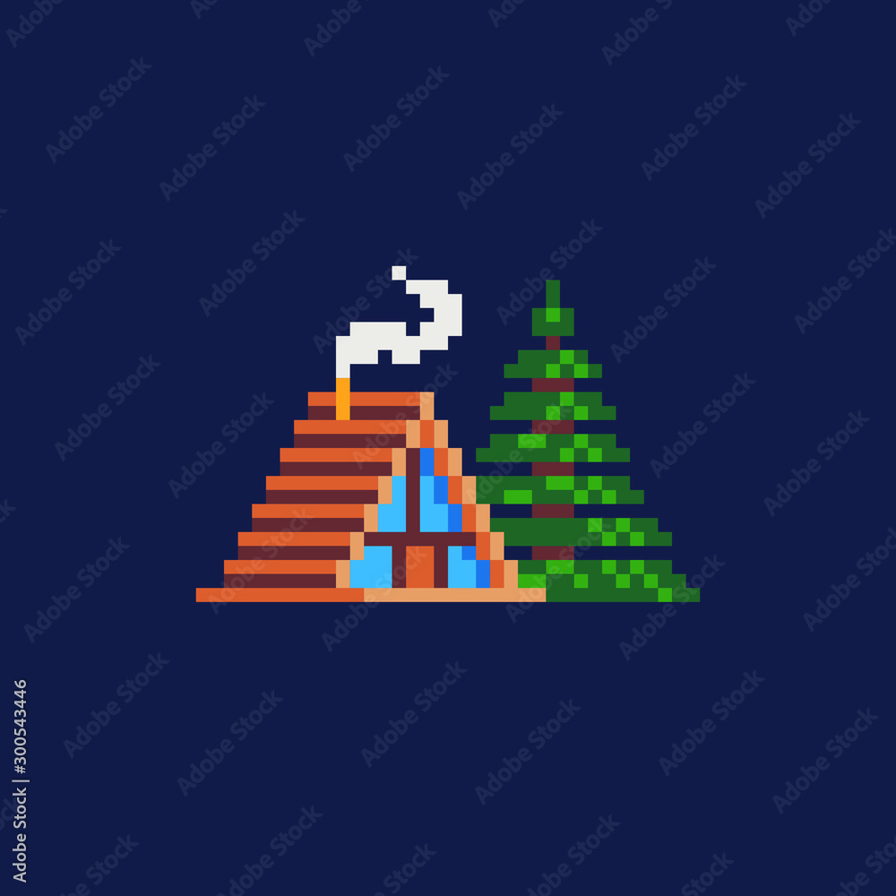 Wooden house and spruce. Pixel art style. Isolated vector illustration ...