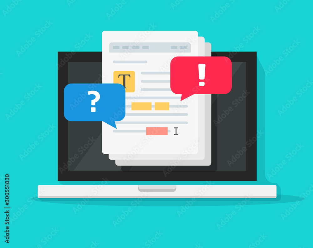 Text document editing together on computer vector, flat cartoon laptop ...