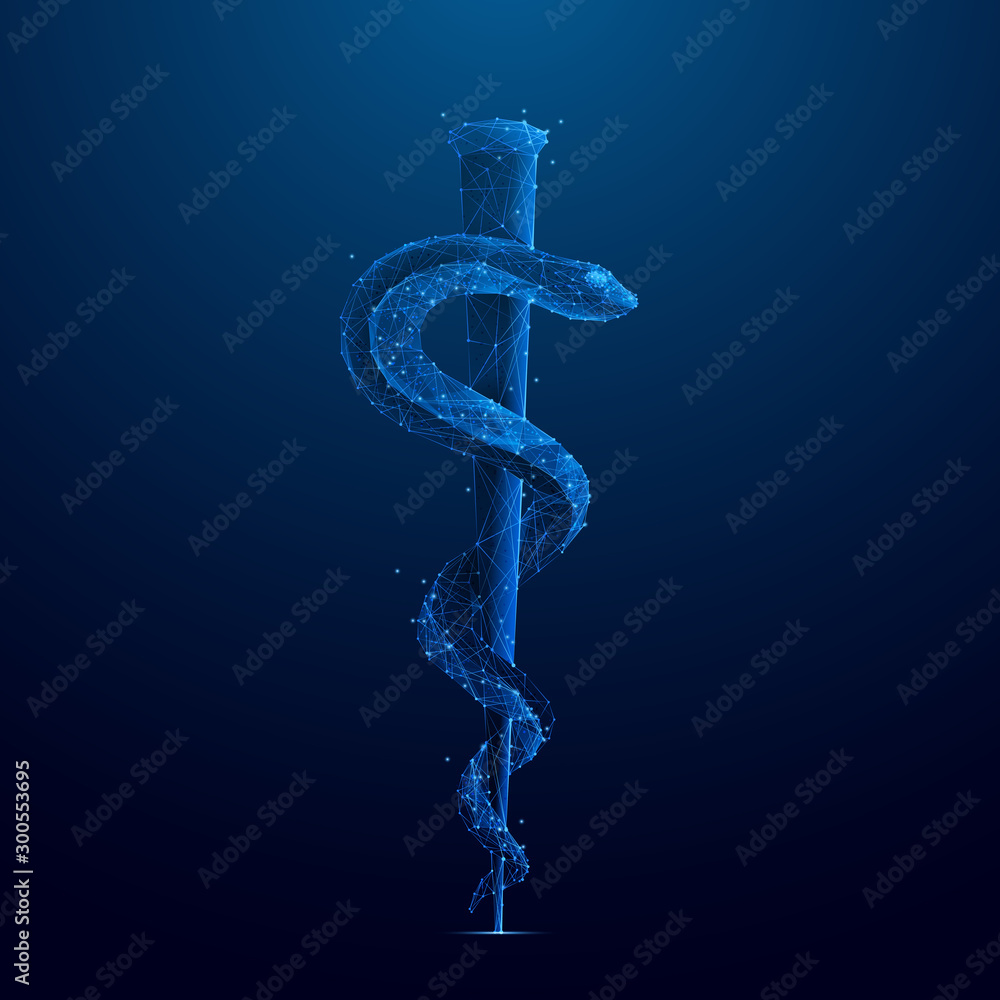 Rod of Asclepius. A serpent-entwined rod wielded. Vector low-poly ...