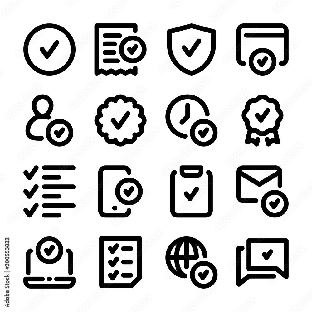 Approve and Confirmation bold line icons. Business icons with check ...