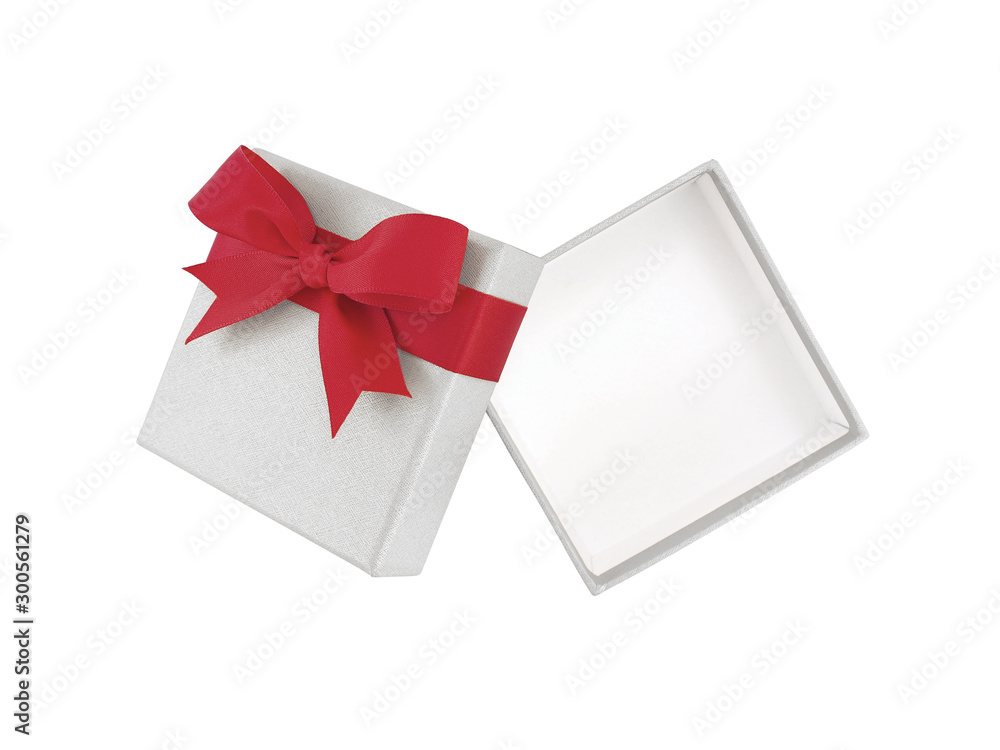 open empty grey gift box with red ribbon bow wrapped around lid ...
