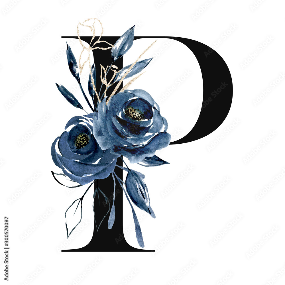 Floral alphabet, letter P with watercolor navy blue flowers and leaf ...