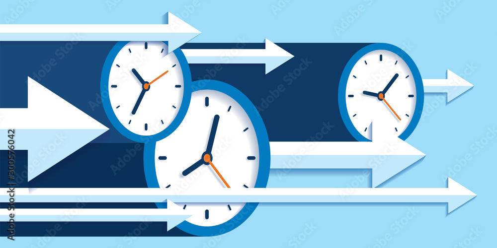 Time forward. Fast decision. 3D clock icon, right arrow, timer on a ...
