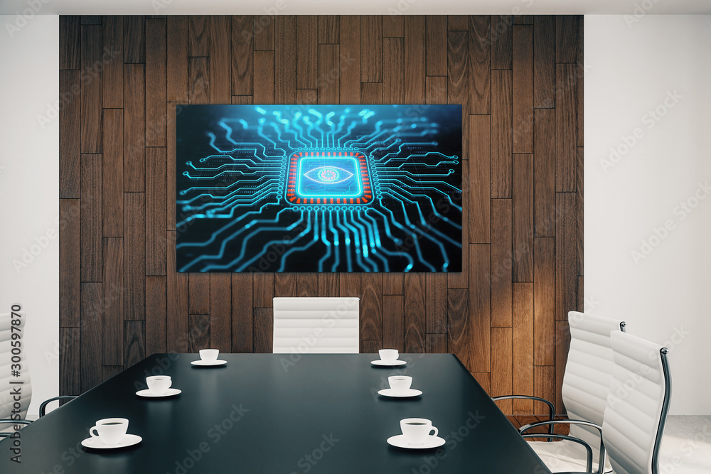 Conference room interior with abstract technology picture on screen ...