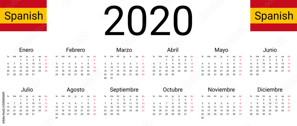 Spanish 2020 calendar. Vector design template start from monday. All ...