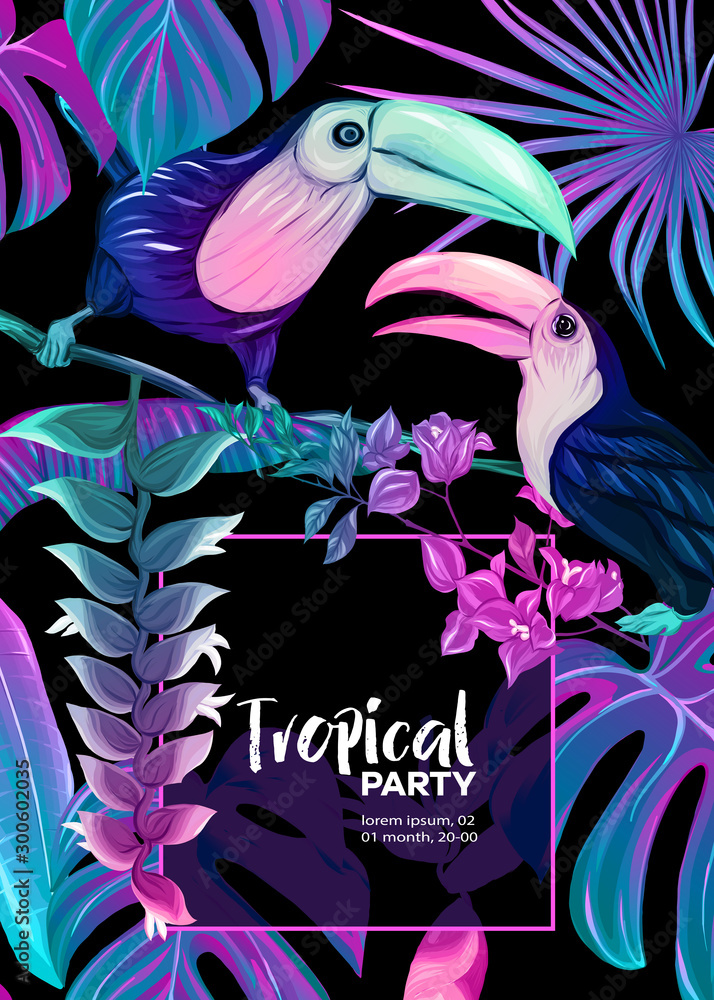 Background, party invitation, cover with text box with tropical plants ...