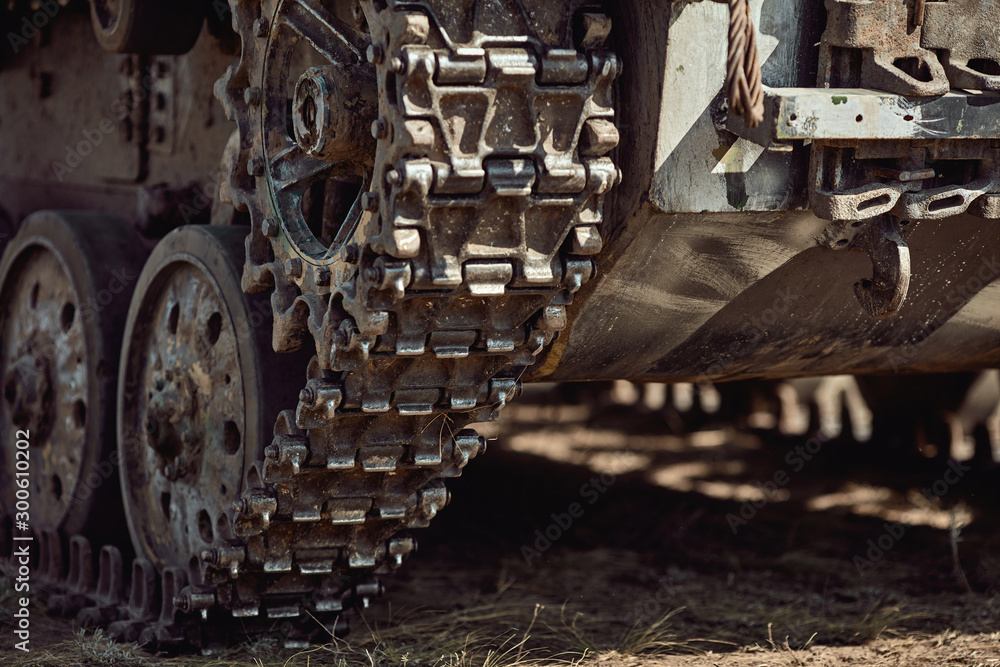 Caterpillar and running tank. Fragment of a running gear with a ...