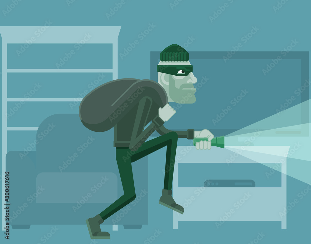 A thief, burglar or robber criminal cartoon character with his bag of ...