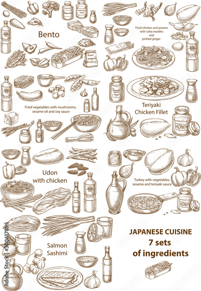 Creative conceptual vector set. Sketch hand drawn Japanese food recipe ...