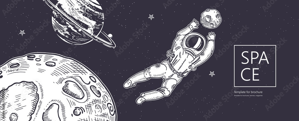 Space background. Outline astronaut, planets, satellites, flying ...