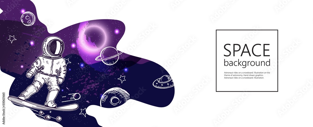 Space background. Outline astronaut, planets, satellites, flying ...