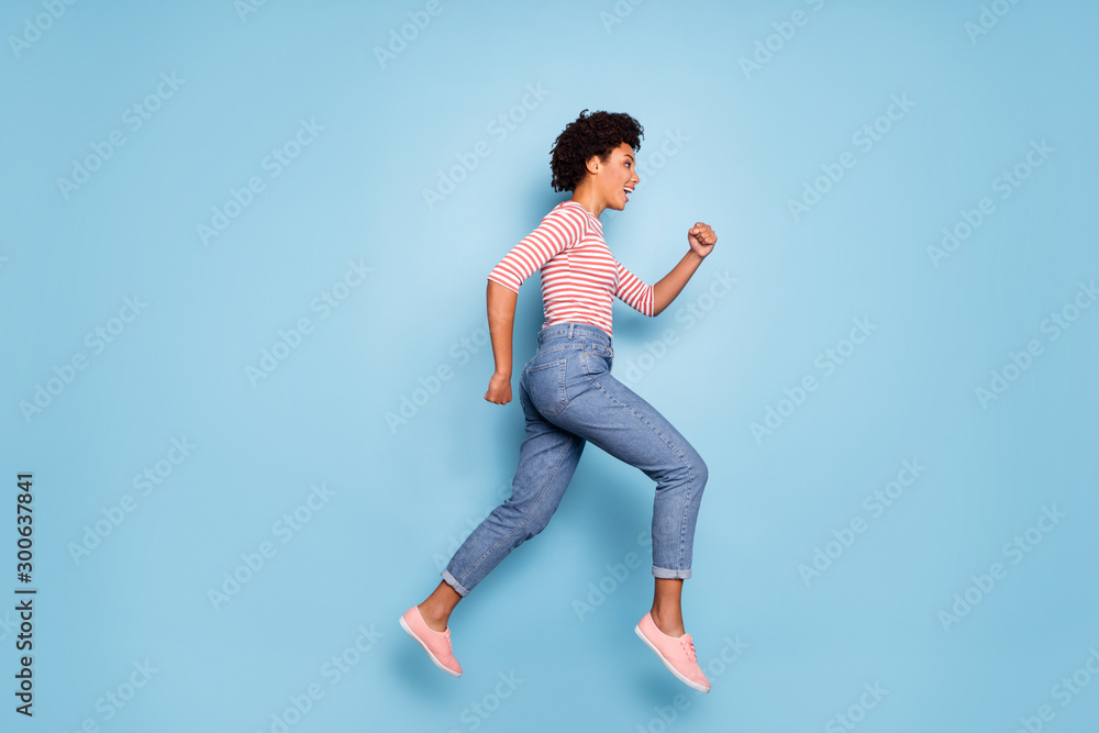 Side profile full length body size photo of cheerful positive cute ...