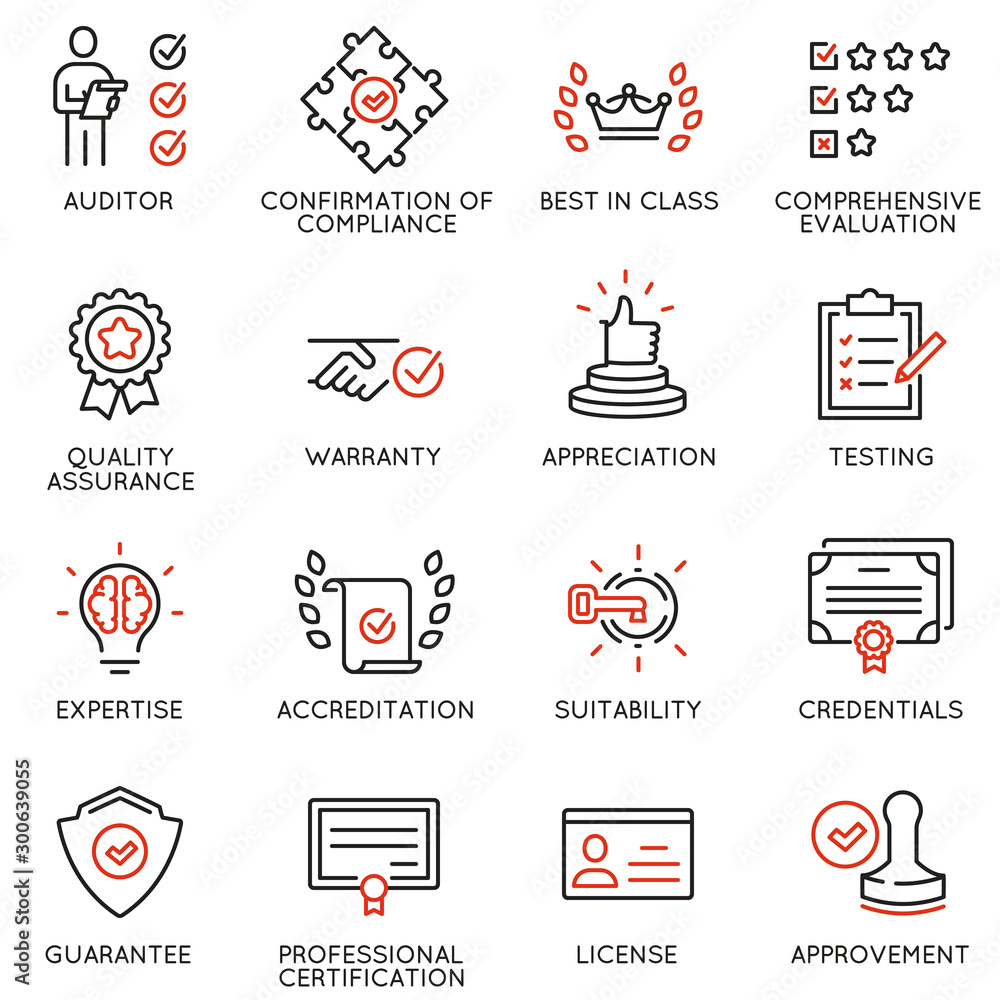 Vector set of linear icons related to approvement, accreditation ...