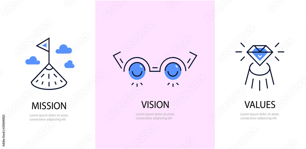 Vector set of company culture icons. logos. Mission. Vision. Values ...