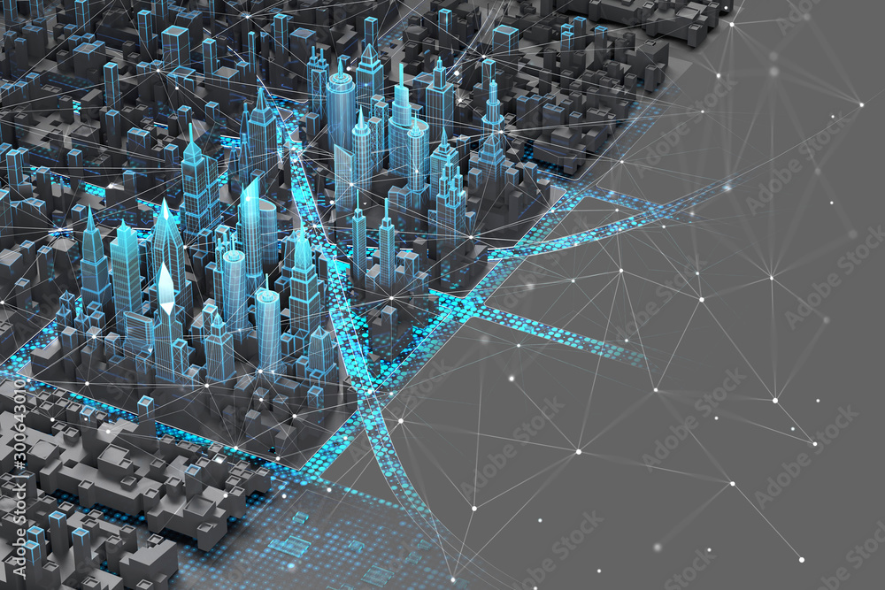 Urban landscape with copy space on grey background. Virtual city with ...