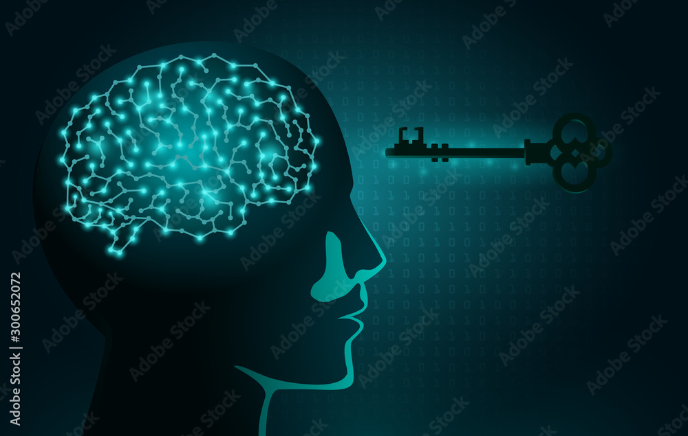 The Key moving into human head for opening digital brain and checking ...