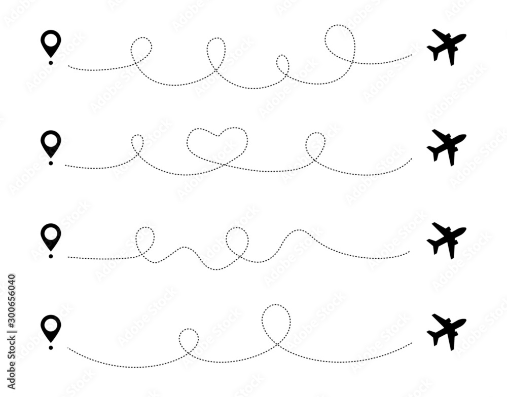 Airplane line path route set. Vector travel icons with start point and ...