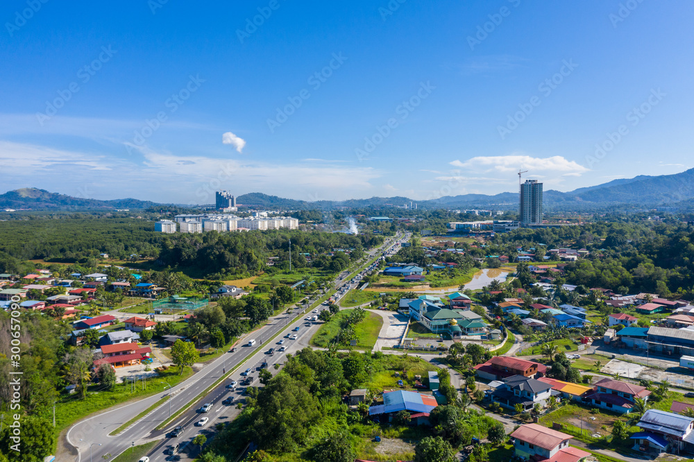 Aerial drone image of beautiful rural town local lifestyle houses ...