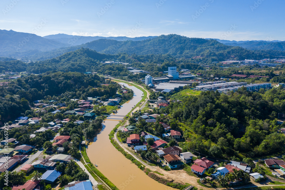 Aerial drone image of beautiful rural town local lifestyle houses ...